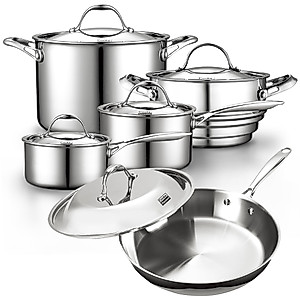Cooks Standard Stainless Steel Kitchen Cookware Sets 10-Piece, Multi-Ply Full Clad Pots and Pans Cooking Set with Fry Pan, Dishwasher Safe, Oven Safe 500°F