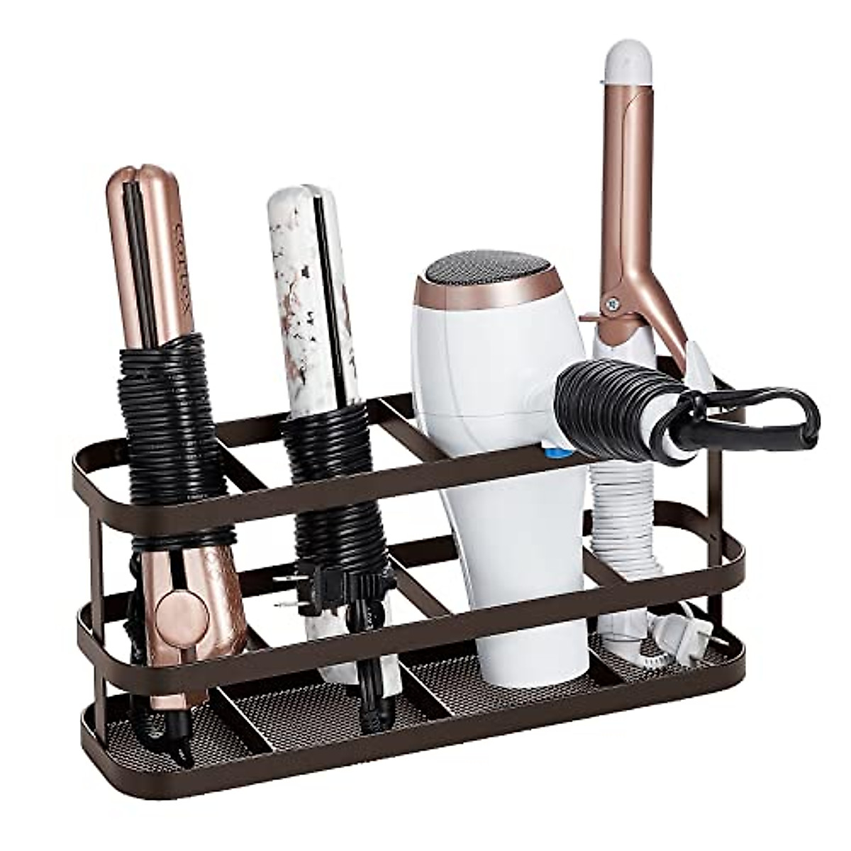 mDesign 4-Section Oval Bathroom Wall Mounted Hair Tool Storage Organizer - Metal Accessory Basket - Hanging Holder for Hair Dryer, Straightener, and Curling Iron - Carson Collection - Bronze