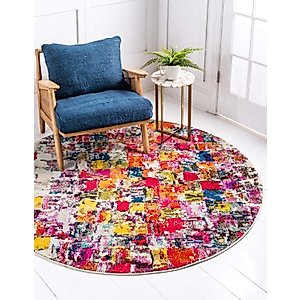Unique Loom Estrella Collection Abstract, Bright Colors, Distressed, Modern Area Rug, 8 ft x 8 ft, Multi/Beige