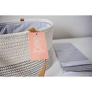 PeachyKehn Rope Baby Diaper Caddy Organizer – Trendy Nursery Storage Bin – Large Woven Cotton Tote with Removable Inserts and Eco Leather Handles – Baby Car Organizer or Shower Gift Basket