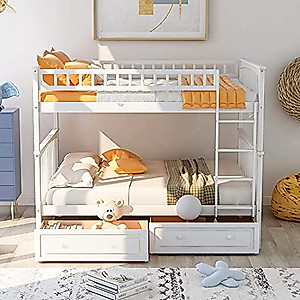 STP-Y Twin Over Twin Bunk Bed, Bunk Bed Frame with Storage Drawers, Wooden Twin bunk Bed with Safety Rail Ladder, Grey (Color : White, Size : Full Over Full)