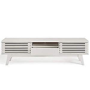 Levan Home Mid Century Modern Low Profile 59" Retro TV Stand with Slatted Shelves in White
