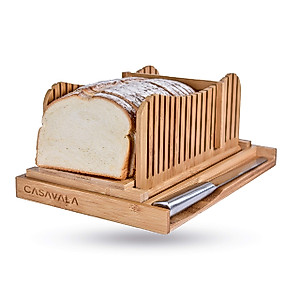 Bamboo Bread Slicer | Bread Loaf Slicing Machine With Crumbs Tray | Easy To Use Foldable Bread Cutter | Adjustable Slice Sizes | Bread Cutting Guide With Sharp Bread Knife & Storage Bag