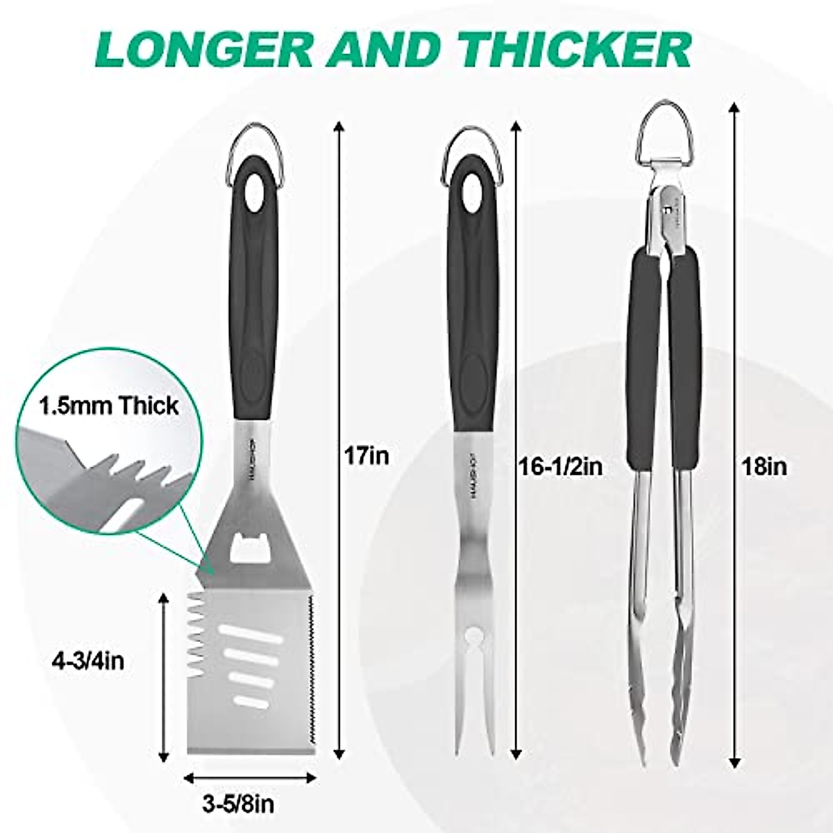 HAUSHOF Large Grill Accessories Heavy Duty BBQ Set Gifts for Men - Premium Stainless Steel Spatula, Fork & Tongs (16.5/16/16.5 in.), Barbecue Utensils Tool Kit Gift for Grilling Lover Outdoor