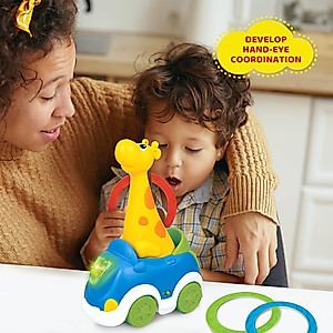 KiddoLab Catch Me Ring Toss Giraffe - Musical Moving Animal Toy with 3 Rings, Children's Songs, Flashing Lights, 2 Play Modes - Tossing Game Activity for Young Kids, Toddlers Ages 18 Months Old & Up