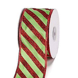 LaRibbons Wired Christmas Holiday Ribbon - Green with Red Glitter Stripe Ribbon - 2.5 inch x 25 Yard Each Roll - Red Wired Edge