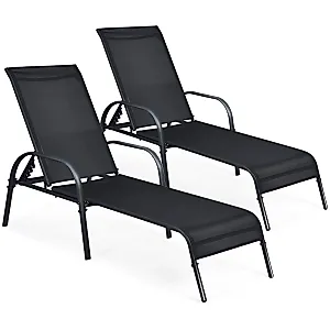 Giantex 2 Pcs Lounge Chairs Patio Furniture, Backyard Lawn Sling Chaise w/Adjustable Back, Folding Recliners for Outdoor, Black