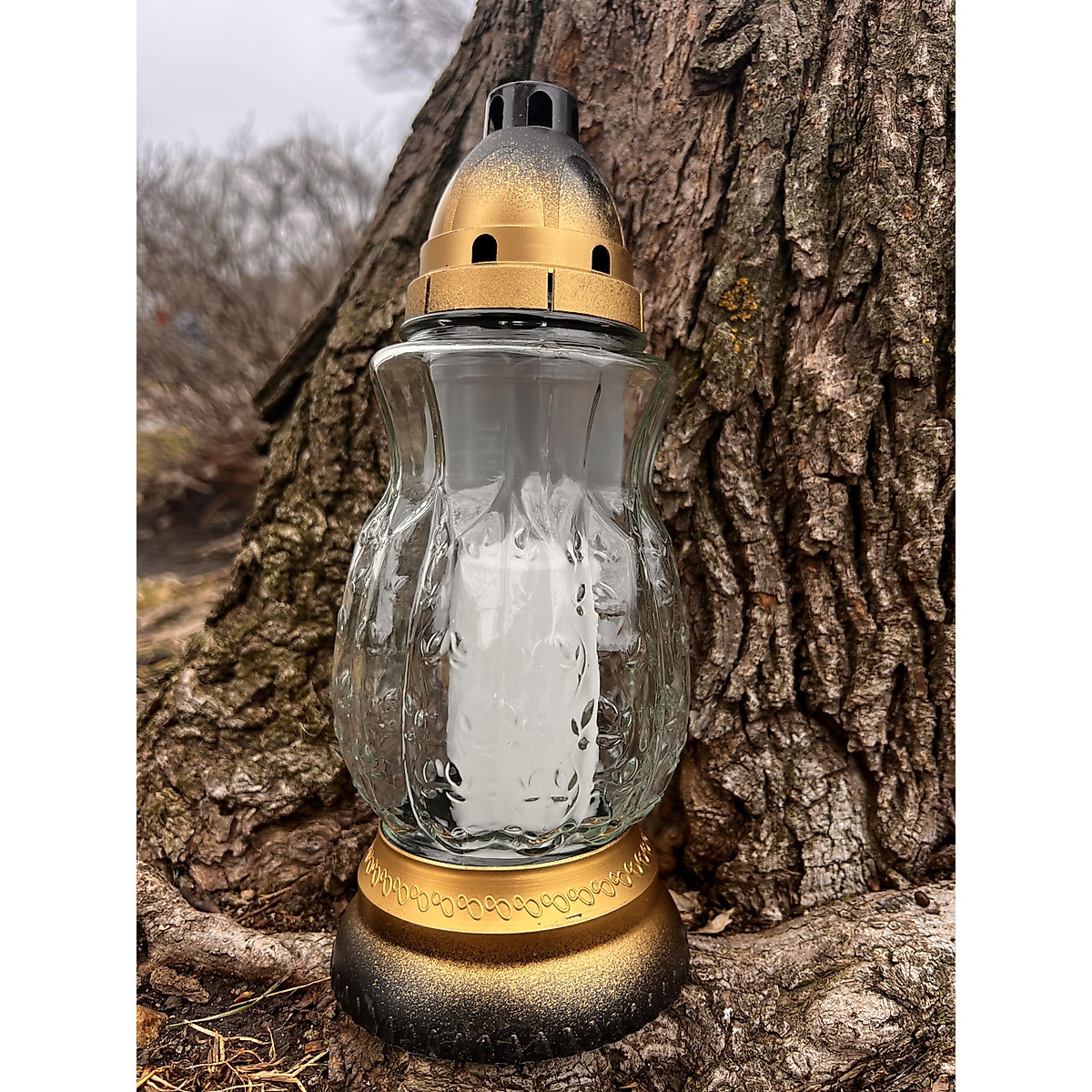 Cemetery Memorial Candle - Gravesite Remembrance Decoration - Unique Traditional Decorative White Glass Candle with Floral Motif and Gold Decoartive top and Base (H:10.83in x W:4.33in)