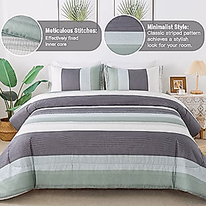 Litanika Queen Comforter Set Sage Green - 3 Pieces Lightweight Bedding Comforter Sets, Light Green White Colorblock Stripe Fluffy Bed Set, All Season Down Alternative