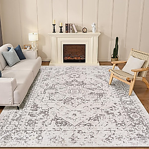 Washable Rugs 8x10 for Living Room - Grey Large Vintage Urtla Thin Bedroom Area Rug with Non Slip Rubber Backing - Indoor Floor Carpet for Dining Room Home Office Dorm,Grey/White,