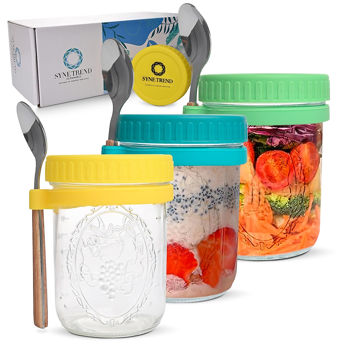 Syne Trend Gift Set Overnight Oats Containers with Lids, 16oz Overnight Oats Jars, 3 Pack Oatmeal Containers with Lids (Green + Turquoise + Yellow)