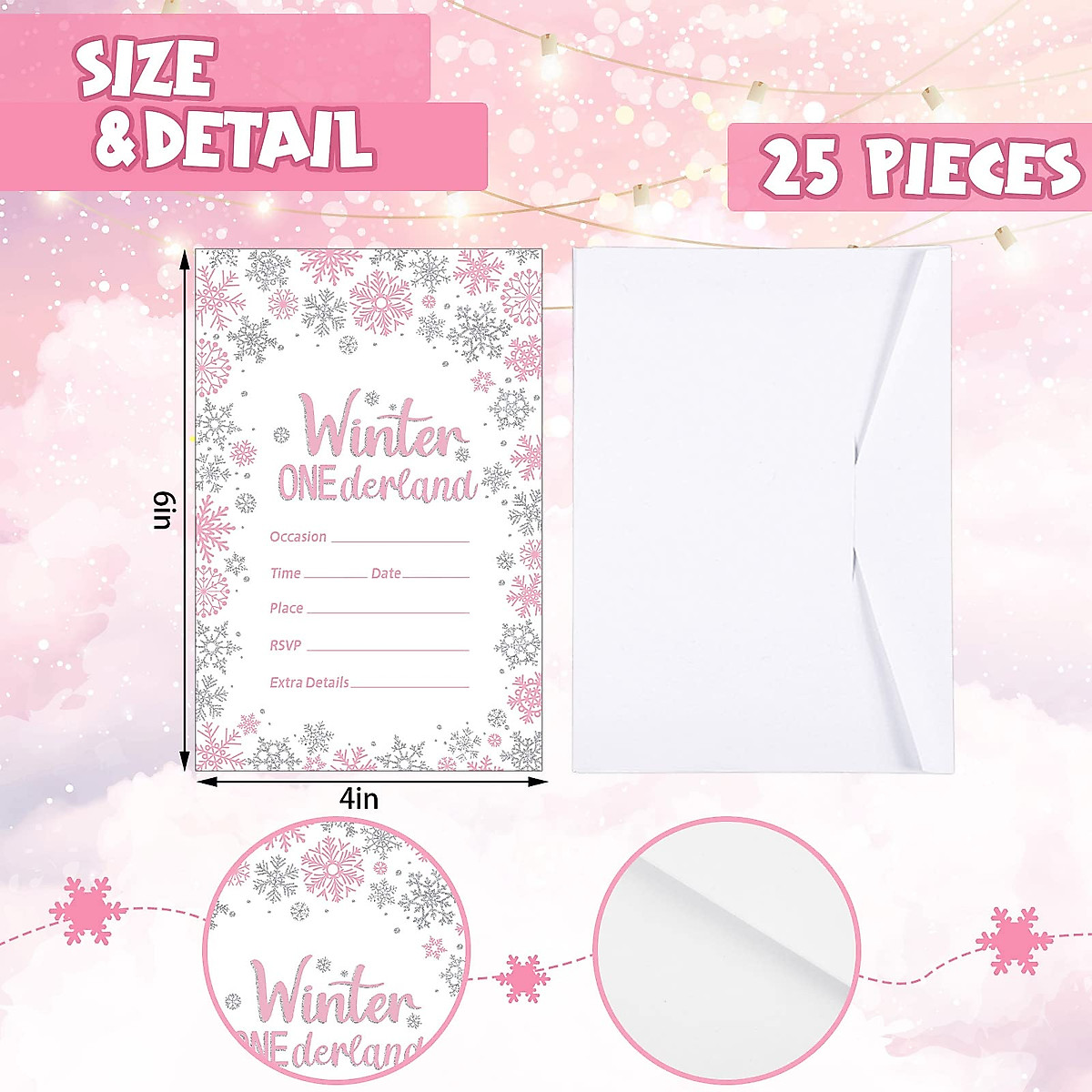 25 Pcs Winter Onederland Birthday Party Invitations with Envelopes First Birthday Decorations Winter Snowflakes Silver Pink Invitations for Holiday Winter 1st Birthday Party Supplies, 4 x 6 Inch