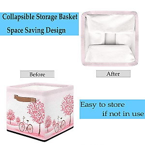 13x13x13 Storage Cube Bins Pink Bike Hearts Tree Fabric Storage Cubes 13 inch Collapsible Storage Bins Valentine's day Cubby Storage Baskets for Organizing Shelf Cabinet Bookcase Boxes