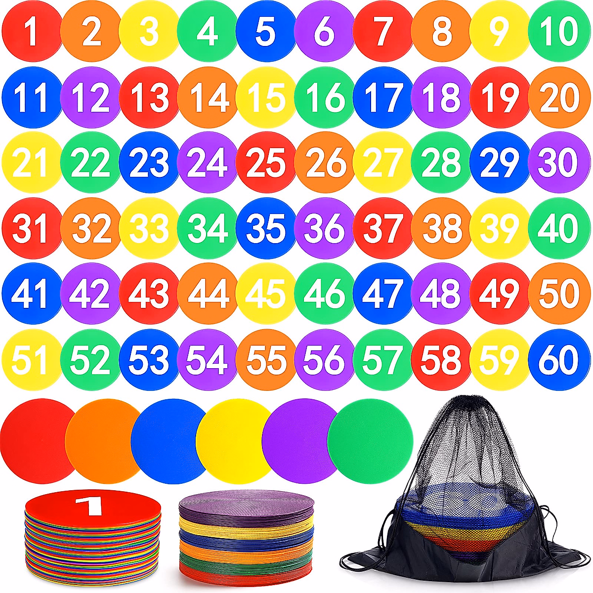 Haull 60 Pcs Spot Markers Floor Spots with Bag Non Slip Vinyl Poly Dots Spots Markers for Gym Floor Basketball Football Soccer Sports Speed Agility Training Gym Dance Classroom Org (Number,9 Inch)