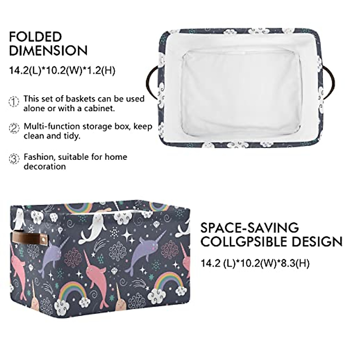 xigua Narwhal Pattern Storage Bin for Toy Storage Basket Dirty Clothes Sundries Office Home Closet Organizer Shelf Cube Box Waterproof Laundry Basket