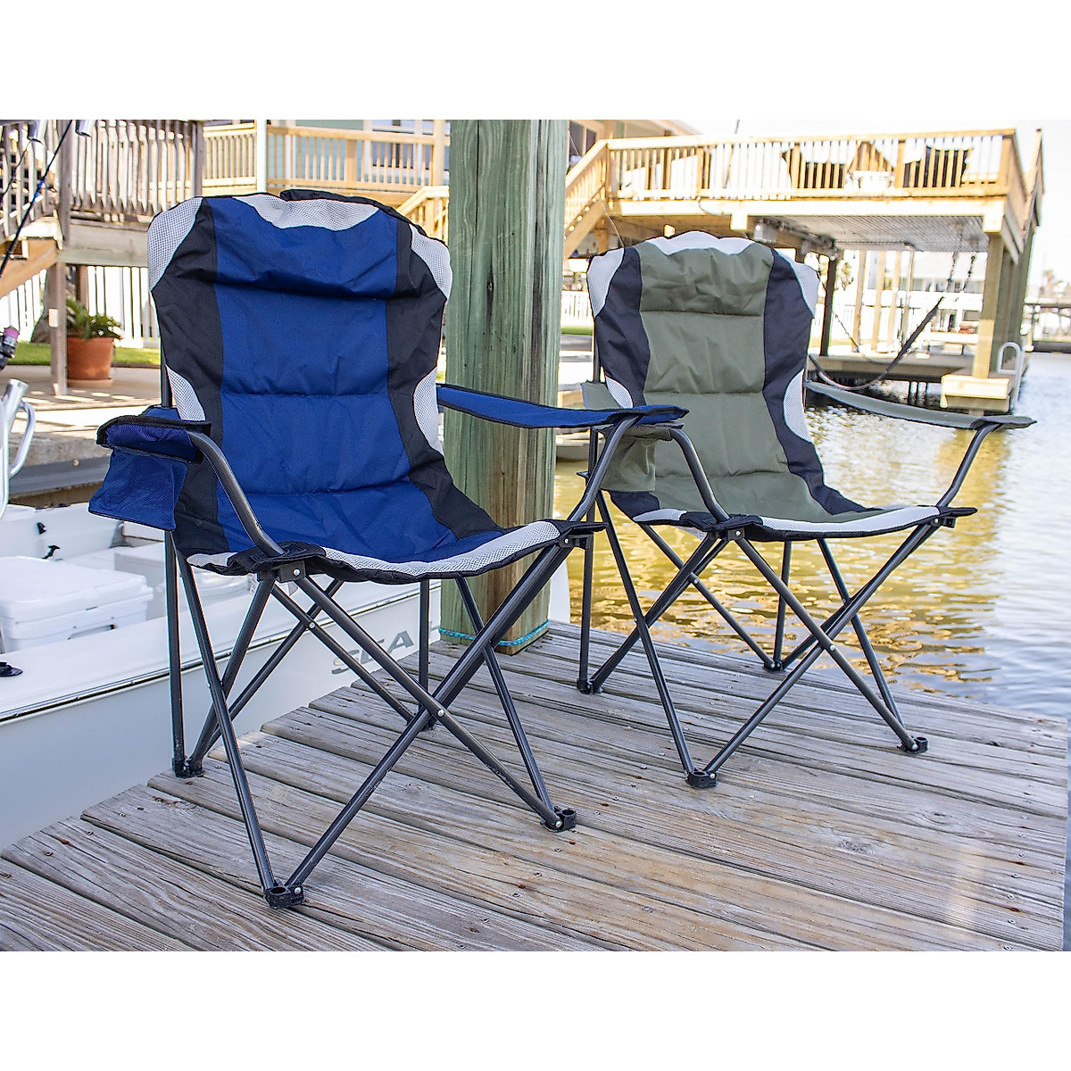 Internet's Best 2 Pack Padded Camping Folding Chair - Outdoor - Green - Sports - Cup Holder - Comfortable - Carry Bag - Beach - Quad