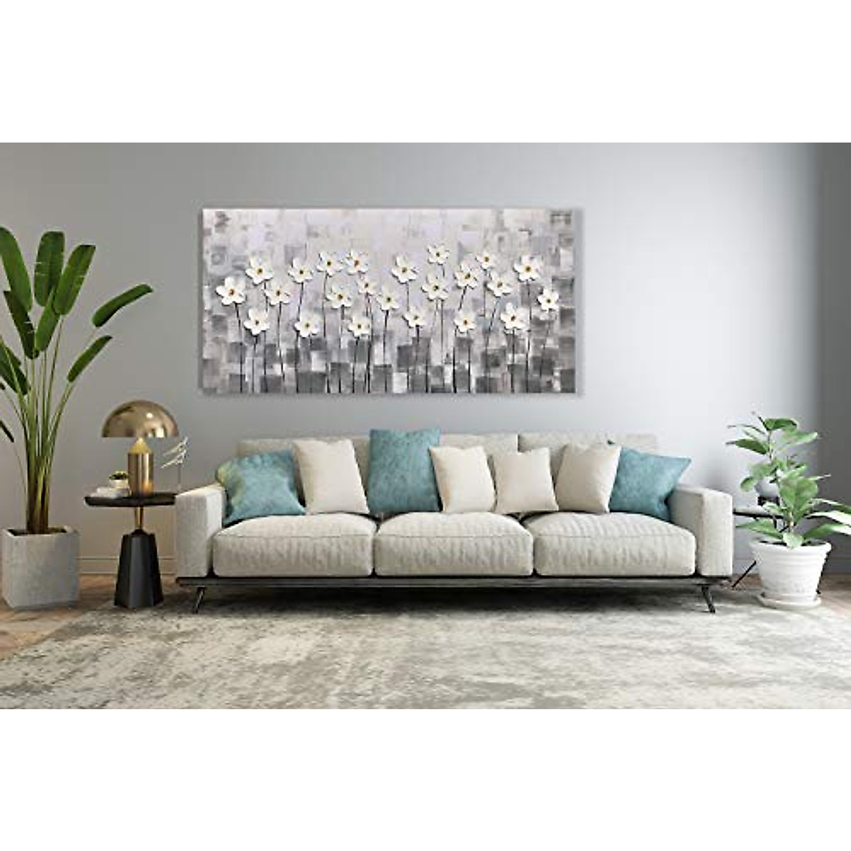 Yihui Arts Canvas Wall Art Grey and White Flowers Pictures Blossom Modern Floral Pallet Knife Painting Framed for Bedroom Kitchen Dinning Room Living Room Office Home Decor