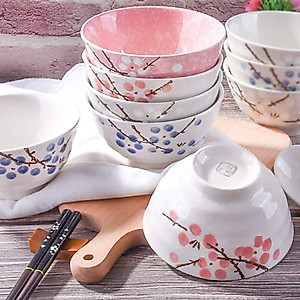 Whitenesser Japanese Rice Bowls Set of 4 - Japanese Style Hand-painted Floral Plum Ceramic Bowls set of 4 Color For Dessert Snack Cereal Soup
