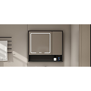 AmpleCharmic 24'' Medicine Cabinet Mirror, Barhroom Medicine Cabinet with LED Light, 3-Color, Dimmer, Defogger, Greywalnut