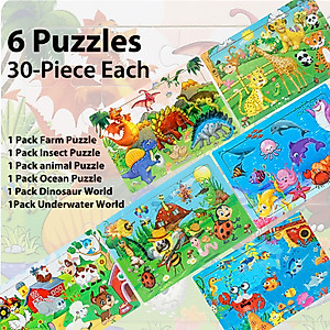 Wooden Jigsaw Puzzles for Kids Ages 3-5 Year Old, 6 Pack 30 Pieces Kids Puzzles Colorful Preschool Educational Learning Toys Present Set for Toddler Children Boys and Girls