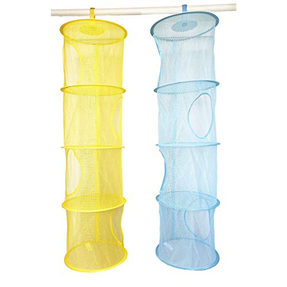 Goldenvalueable Hanging Mesh Space Saver Bags Organizer 4 Compartments Toy Storage Basket for Kids Room organization mesh hanging bag 2 Pcs Set, Blue and Yellow