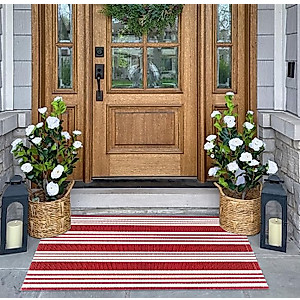 Striped Outdoor Rug for Porch 24"x51" Red and White Front Porch Rug Layered Doormat Cotton Woven Washable Throw Carpet for Hallway/Front Steps/Bathroom/Kitchen/Home Entrance