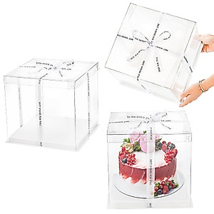 Cididu 6 Pcs Clear Cake Box with Ribbon 2-Layer 10x10x10 Inch, Transparent Cake Carrier Box with Lids, PET Tall Cake Packaging Boxes, Clear Gift Boxes for Birthday, Wedding and Festival Party