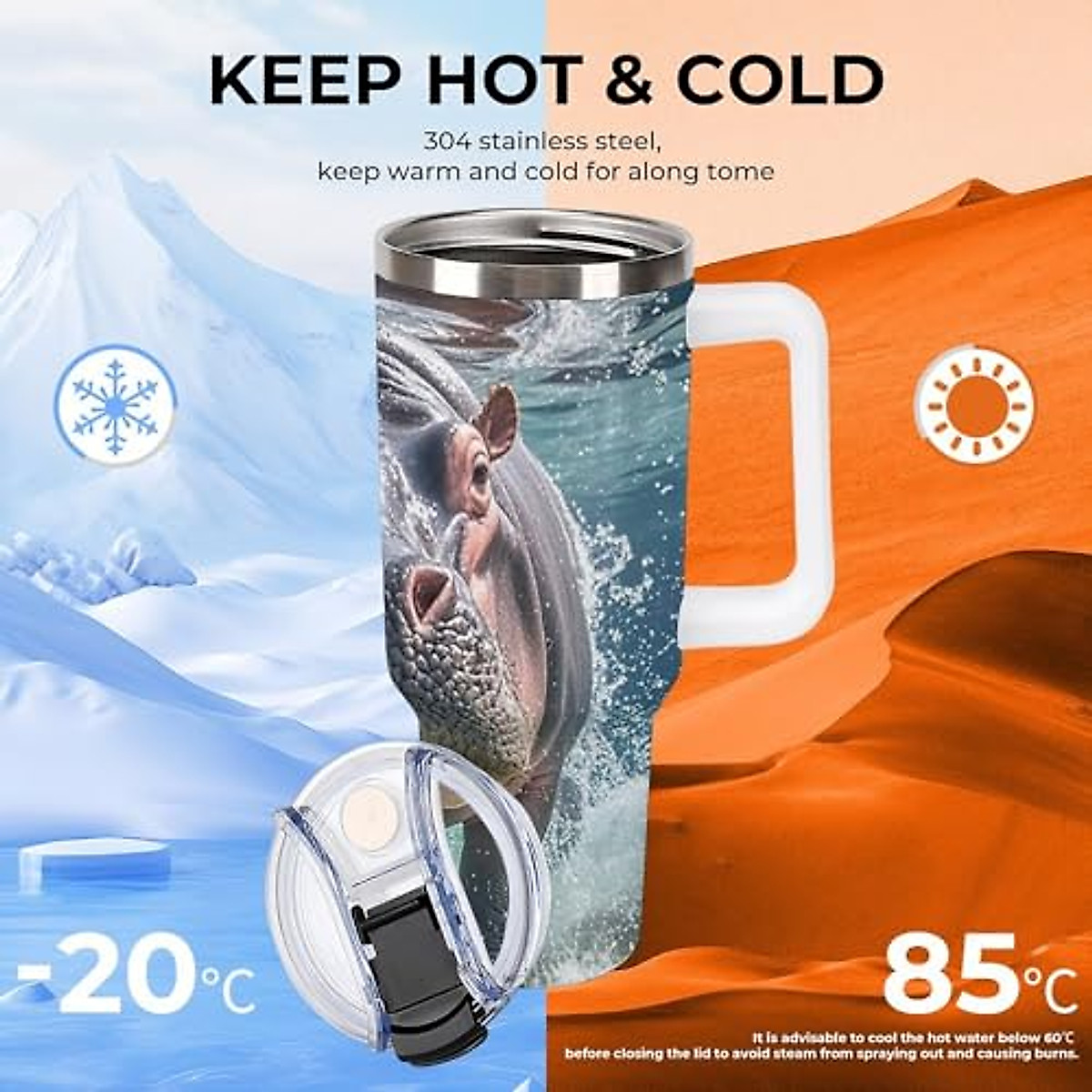 FHECVBN White 40 Oz Insulated Tumbler with Handle Diving Hippo Printed Leakproof Water Bottle Coffee Mug Car Cup for Gym Outdoors Commute Work