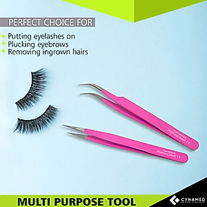CynaMed Pink Eyelash Extension Tweezers Set (2-Pack) – Straight and Curved Stainless Steel Precision Tweezers for Volume Lash Extensions