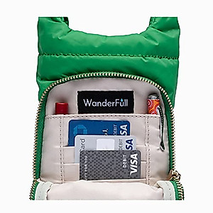 WanderFull Crossbody HydroBag - Water Bottle Holder - Quilted Bottle Bag - Water Bottle Carrier with Strap - Stylish Puffer Tote for Water Bottle (Green with Patterned Strap)