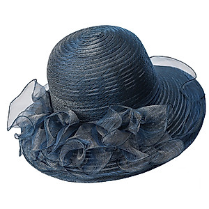 Women Organza Sun-Hats Wide-Brim Church-Hats for Tea Party Bridal Wedding Dress Hat Navy