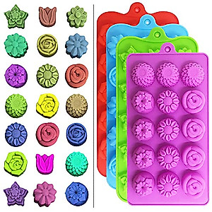 4 PACK Flower Shape Chocolate Candy Molds Set,DanziX Silicone 15 Cavity Baking Mold Ice Cube Tray for Wedding,Festival,Parties and DIY Crafts-Green,Blue,Red and Purple