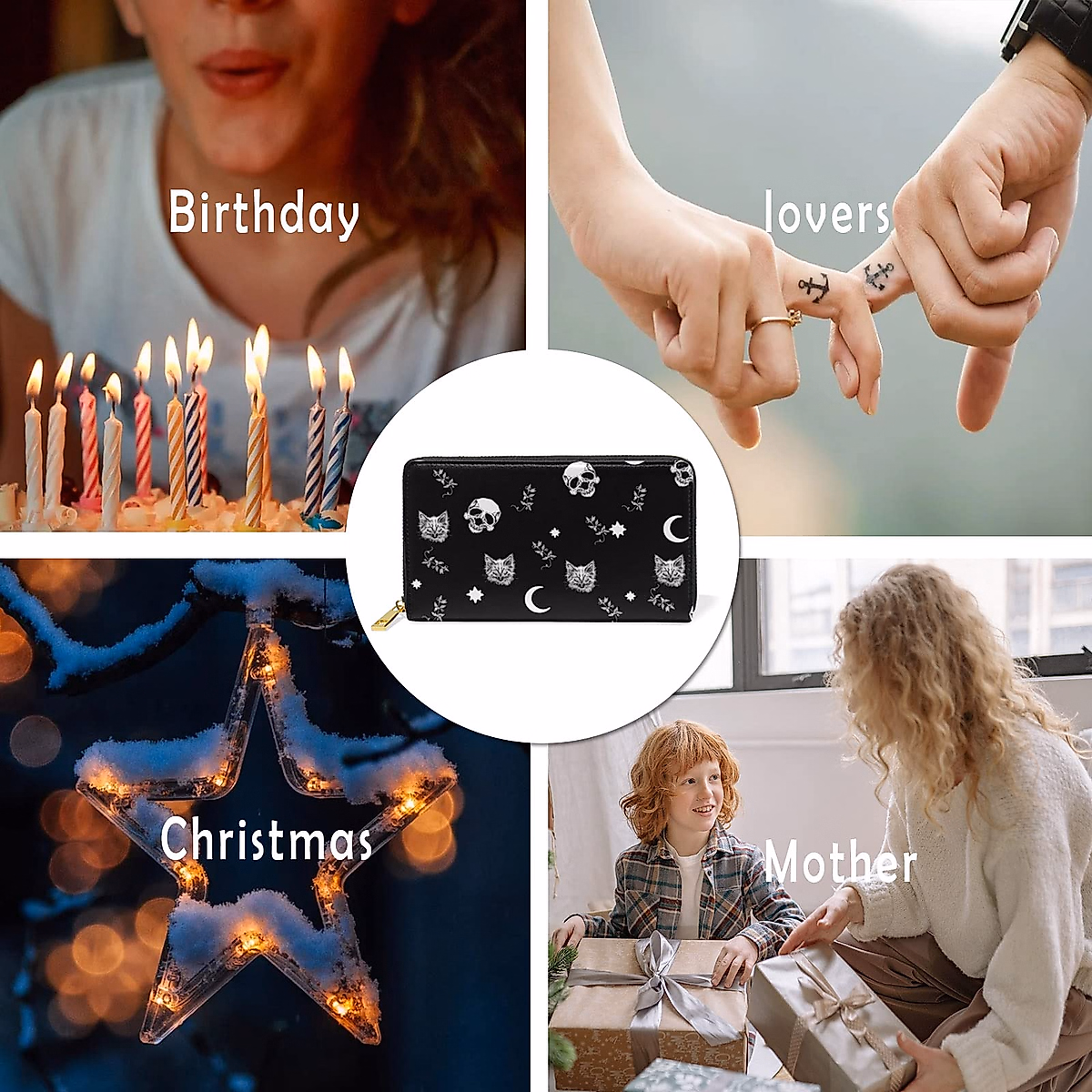 CHPGPUG Women's Skull Cat Moon Long Wallet,Zippered Coin Purse,PU Leather Clutch Wallet