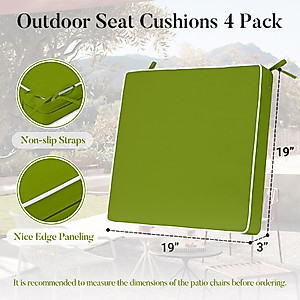 Basic Beyond Outdoor Chair Cushions for Patio Furniture, Waterproof Outdoor Seat Cushions Set of 4 19 x 19, Patio Chair Cushions Set of 4 with Ties and Handle, Grass Green/White