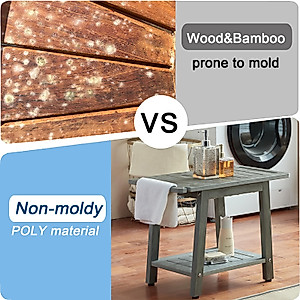 HDPS Shower Bench for Inside Shower, Waterproof Shower Stool for Shaving Legs, Poly Lumber Shower Chair Seat with Handles & Shower Head Holder, Bathroom Shower Foot Rest Stool with Storage Shelf, Gray