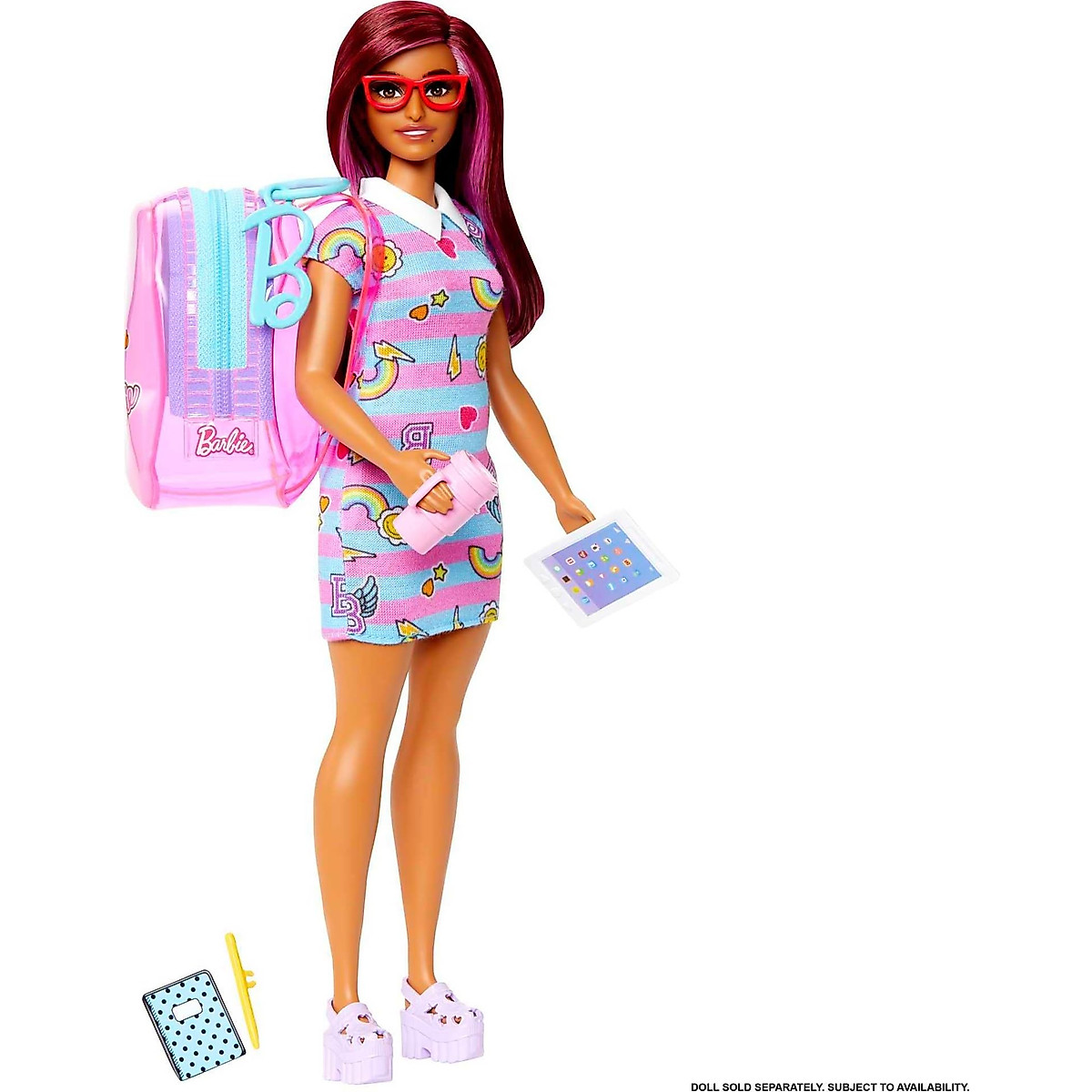 Barbie Clothes Set, School-Themed with Dress, 5 Acessories & Zippered Doll-Sized Backpack with Clip-On Ring