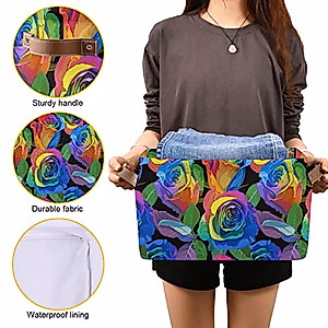 ALAZA Rainbow Rose Flower Leaves Large Storage Baskets with Handles Foldable Decorative 2 Pack Storage Bins Boxes for Organizing Living Room Shelves Office Closet Clothes