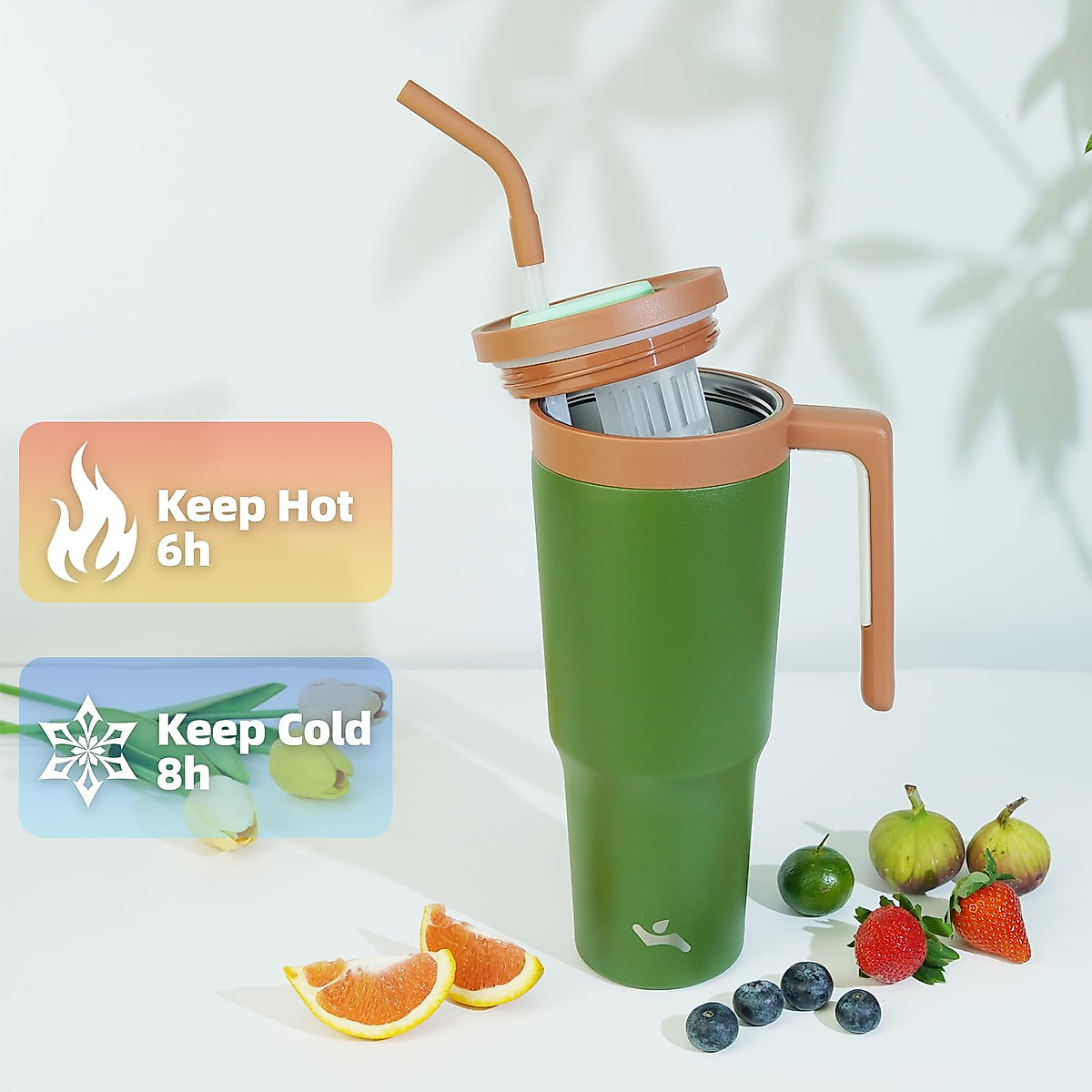 Konokyo Insulated Tumbler with Handle and Straw,40 OZ Vacuum Stainless Steel Water Bottle Travel Mug Metal Cup with Fruit Diffuser,Forest Green