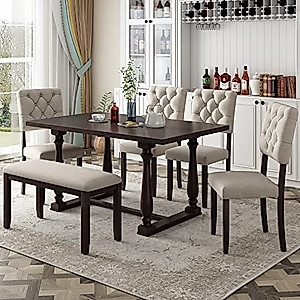BIADNBZ 6-Piece Wooden Kitchen Dining Room Table Set with Upholstered Button Tufted Chairs & Bench, for Living Room Restaurant Furniture, Espresso