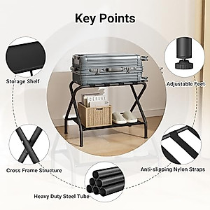 Dunatou Luggage Rack, Suitcase Stand with Storage Shelf, Luggage Stand for Guest Room, Hotel, Bedroom, Hold up to 200 lb, Black, Installation Method is Simpler than Before