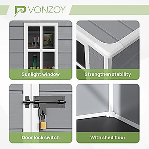 VONZOY Outdoor Resin Storage Shed, 6x4.5FT Plastic Storage Sheds with Floor, Lockable Door, Window, Waterproof Tool Sheds & Outdoor Storage Outside for Bike, Garbage Can,Garden, Grey White