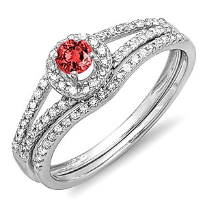 Dazzlingrock Collection 14K Round Ruby And White Diamond Bridal Halo Engagement Ring Wedding Band Set, White Gold, Size 9
