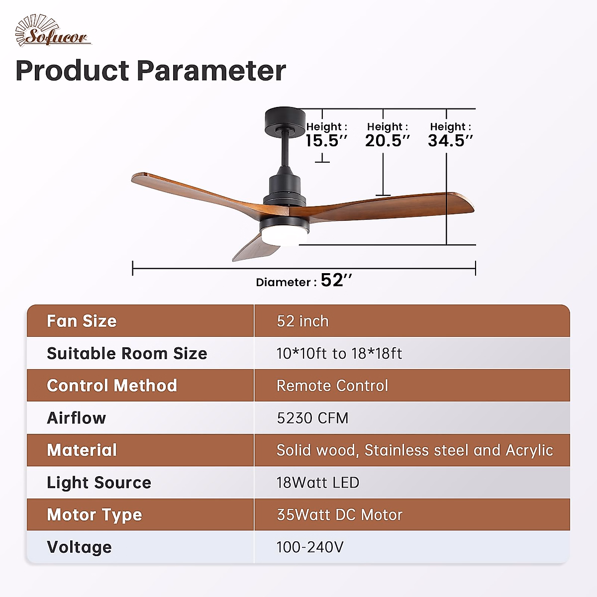 Sofucor 52 inch Solid Wood Ceiling Fan with Lights and Remote, Low Profile Brown Black Ceiling Fan with 3 Downrod, Outdoor Indoor Modern 3 Blade Ceiling Fan for Living Room Bedroom Farmhouse Patio