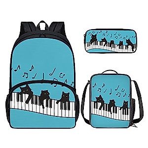 Coloranimal Black Cats Kids Backpack & Lunch Bag Kit Combo Set 3 Piece Music Musical Piano Keyboard School Backpack Cute Pencil Case Middle Junior High School Student Book Bag Large Capacity