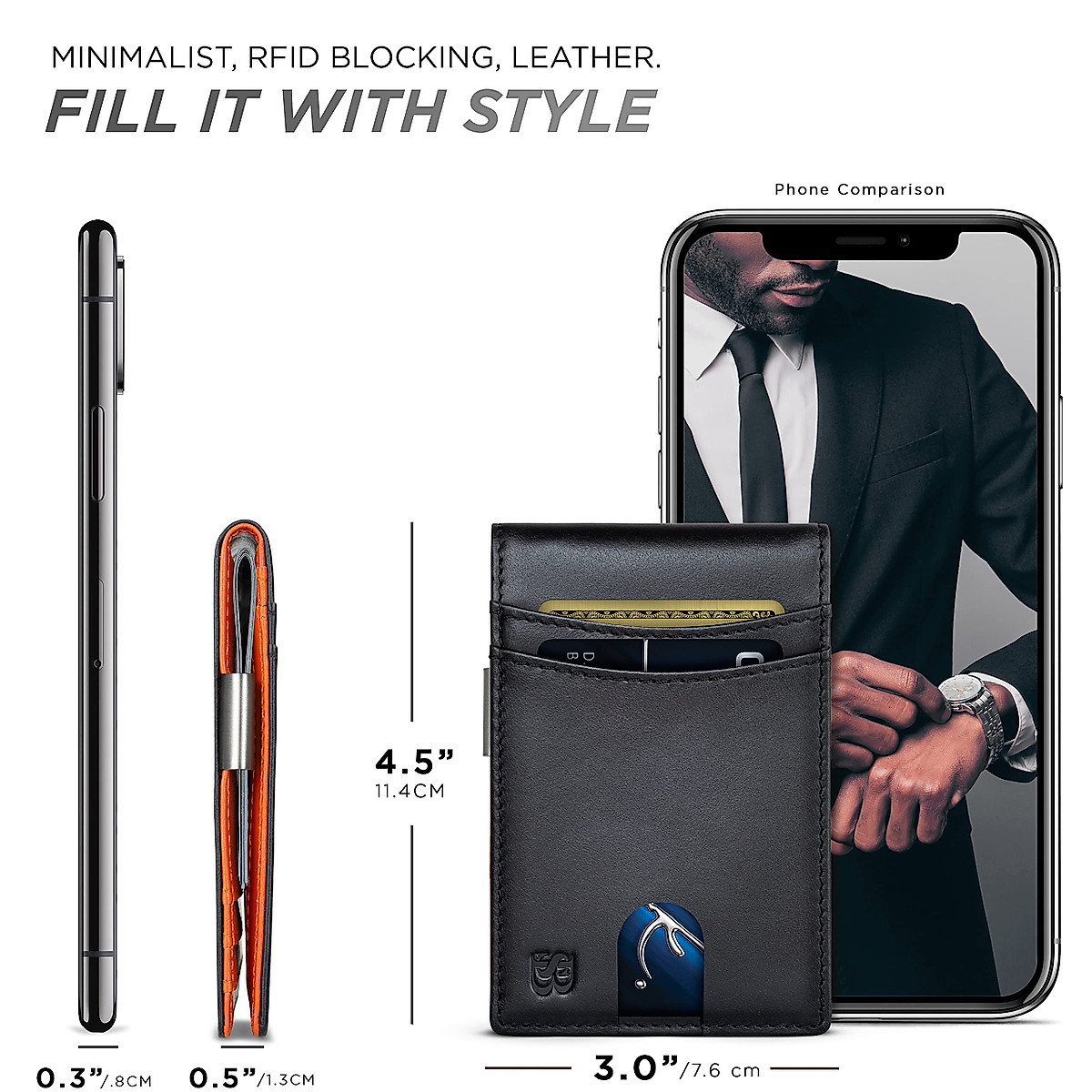 SERMAN BRANDS Mens Money Clip Wallet. RFID Blocking Slim Front Pocket Wallets for Men, Full Grain Leather RFID Minimalist Card Holder (Titian Hue Navigator)