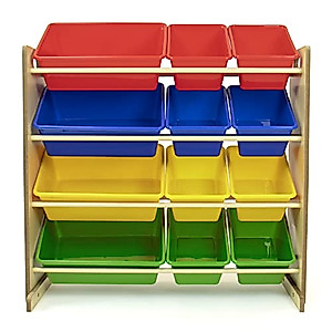 Humble Crew, Blue Table & Red/Green/Yellow/Purple Kids Lightweight Plastic Table and 4 Chairs Set, Square & Natural/Primary Kids' Toy Storage Organizer with 12 Plastic Bins