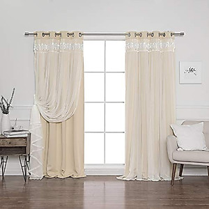 Best Home Fashion Lace Overlay Thermal Insulated Solid Blackout Curtains - Stainless Steel Nickel Grommet Top - Beige - 52" W x 84" L - (Set of 2 Panels)