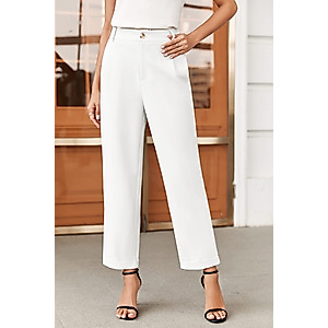 Febriajuce Women's High Elastic Waisted Dress Pants Button Down Pleated Work Pants Straight Leg Ankle Pants Office Trousers White