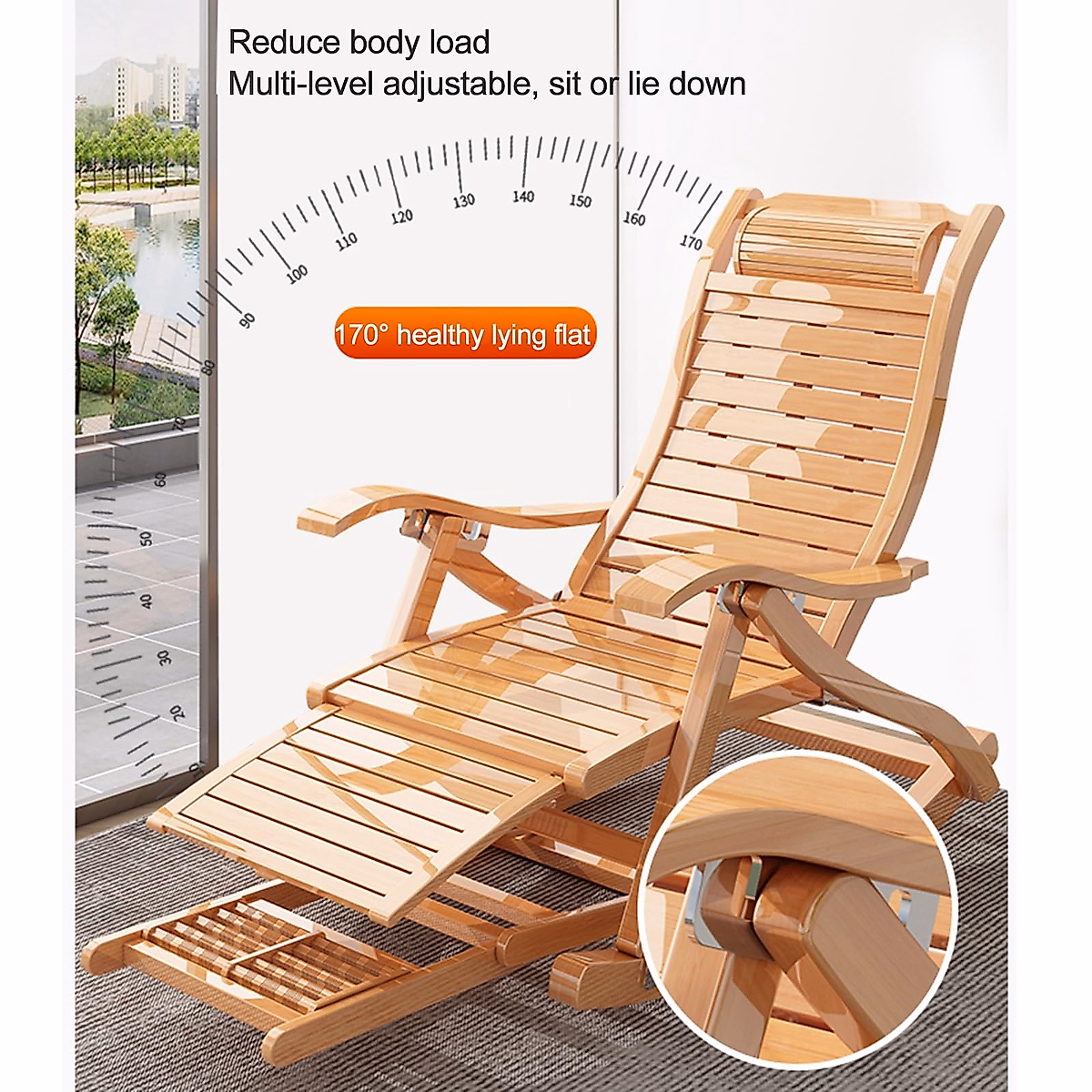 Oversized Rocking Chair,Adjustable Rocking Chair,Outdoor Patio Rocking Chair with Headrest Pillow and Foot Massage Board,Load-Bearing 180KG Comfort Bamboo Loungers Deck Chair Patio Pool Garden Chair (
