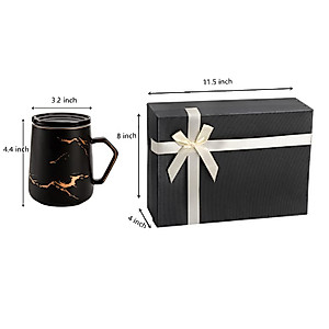 ZENFUN 2 Pack Ceramic Coffee Mugs with Gift Box, 13.5 Oz Porcelain Mugs Set with Lid and Gold Spoon, Luxury Marbling Black and White Couple Mugs Gift, Valentine's, Office and Home, Mother's Day